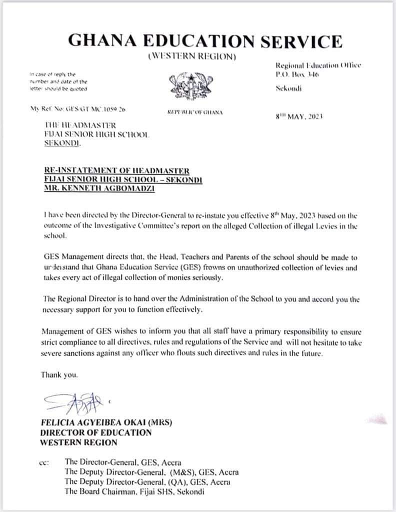 GES reinstates Headmaster of Fijai SHS - Prime News Ghana