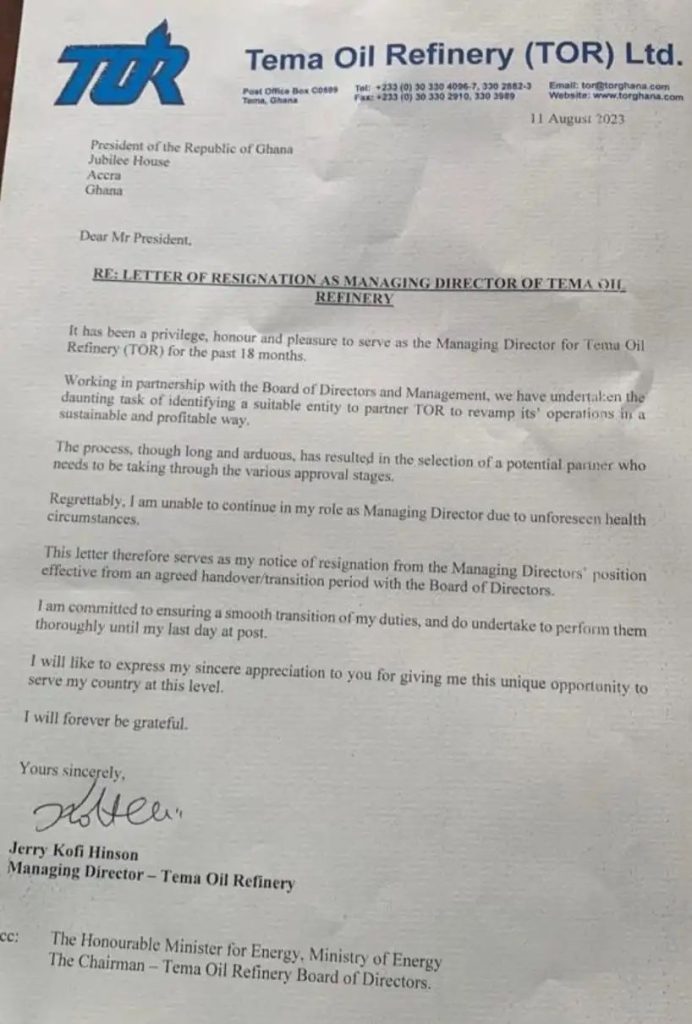 Managing Director of Tema Oil Refinery Jerry Kofi Hinson resigns ...