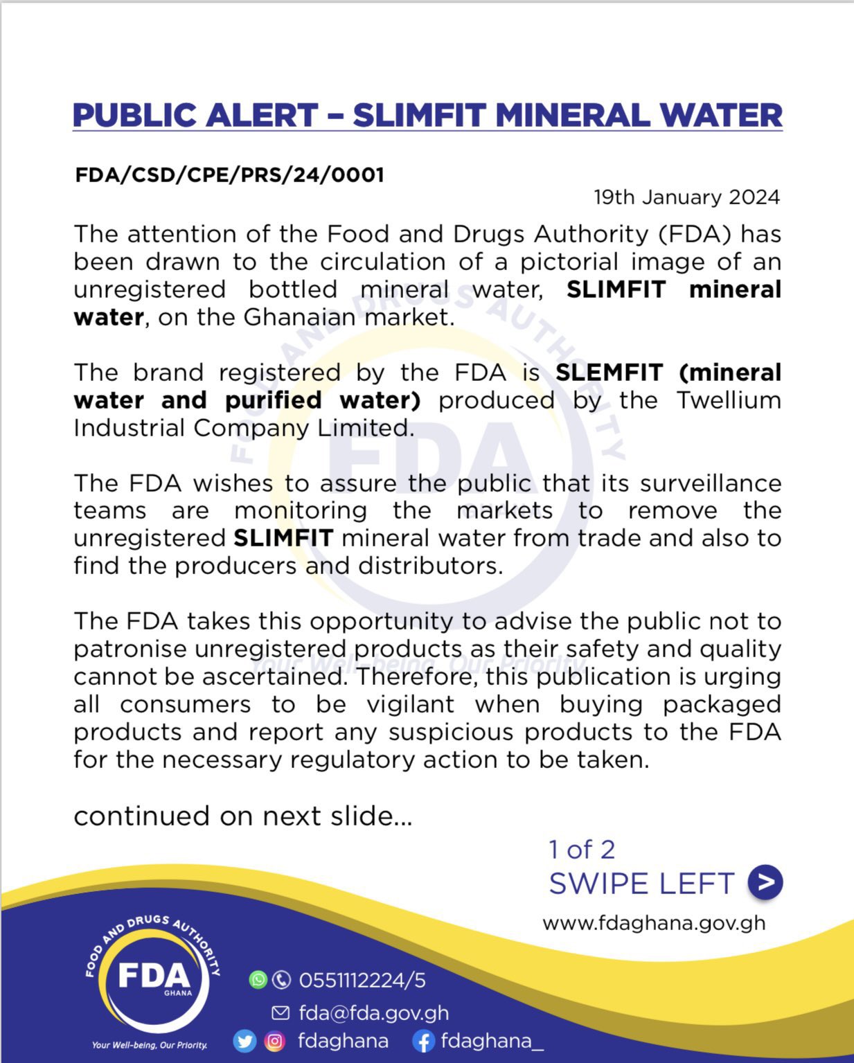 “SLIMFIT” mineral water not registered – FDA cautions - Prime News Ghana