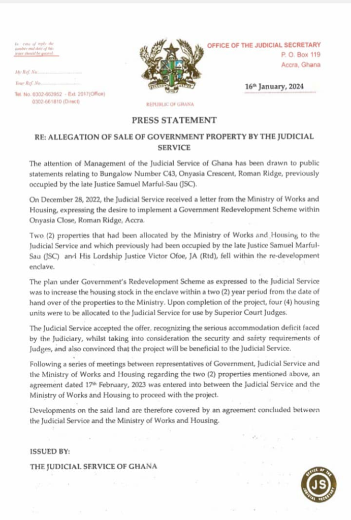 Judicial Service clears air over sale of late Justice Samuel Marful-Sau ...