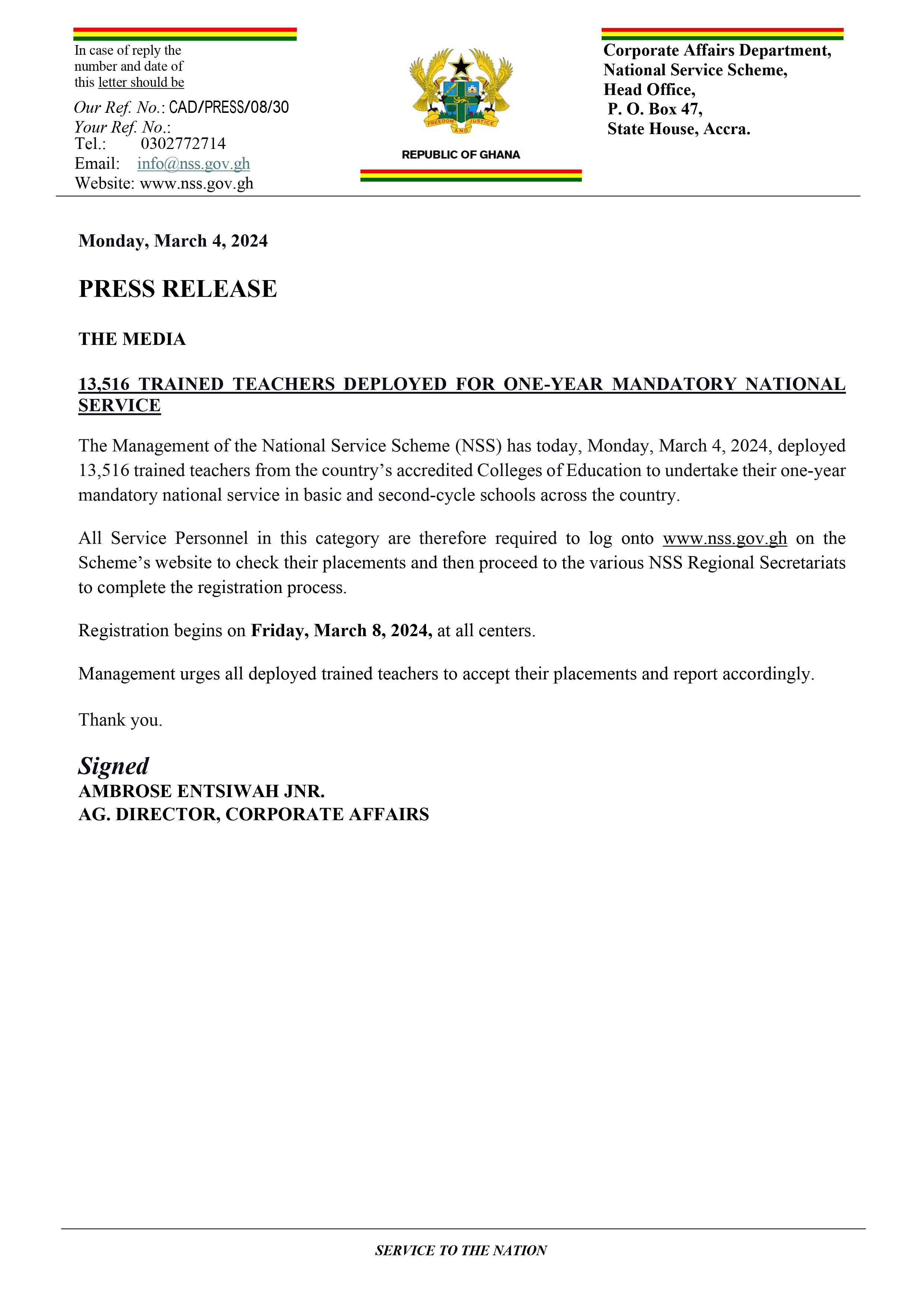 NSS releases postings of 13,516 trained teachers - Prime News Ghana NSS releases postings of 13,516 trained teachers - Prime News Ghana