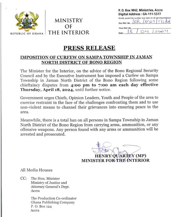 Gov't imposes curfew on Sampa township - Prime News Ghana