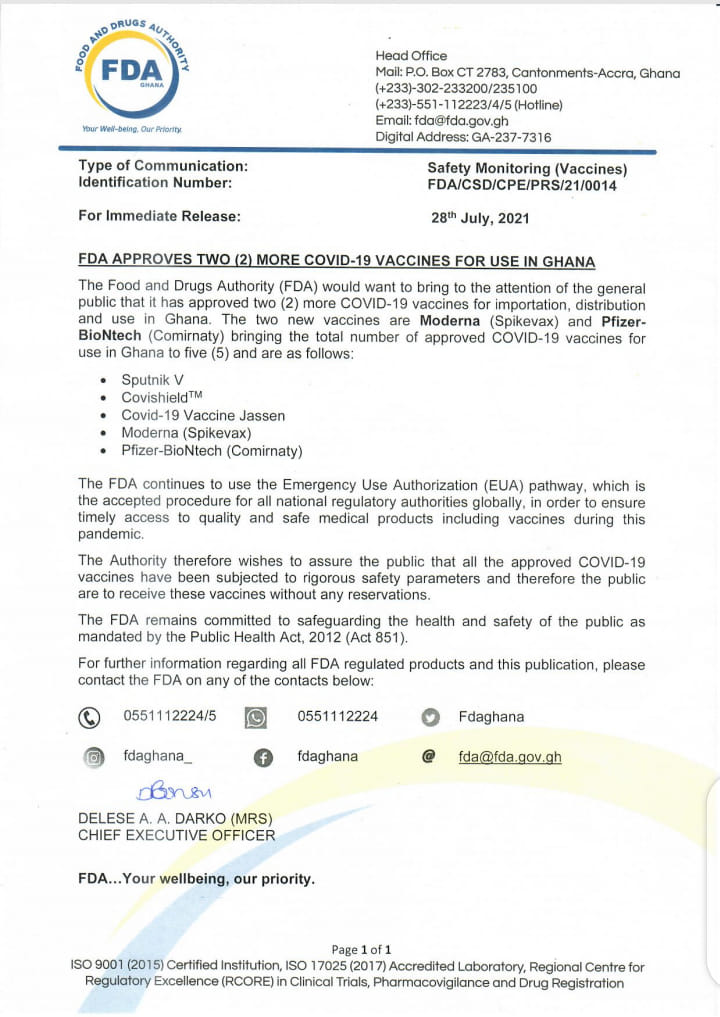 FDA approves Moderna, Pfizer vaccines for use in Ghana - Prime News Ghana