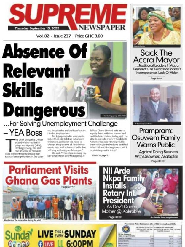 Newspapers headlines: Thursday, September 15, 2022 - Prime News Ghana